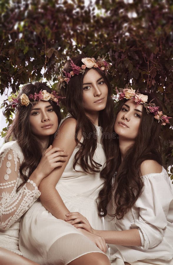 Triple Beauty Portrait of Women Stock Photo - Image of green, nature ...