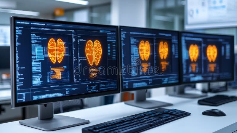 Triple Computer Monitors Displaying Glowing Cybersecurity Analytics ...