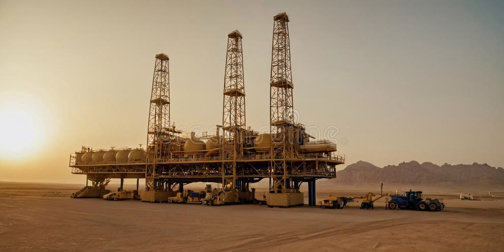 Triple Drilling Rig at Sunset in Desert Stock Illustration ...