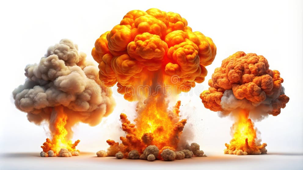 Triple Explosion Sequence Fiery Orange and Smoky Grey Clouds Expanding ...