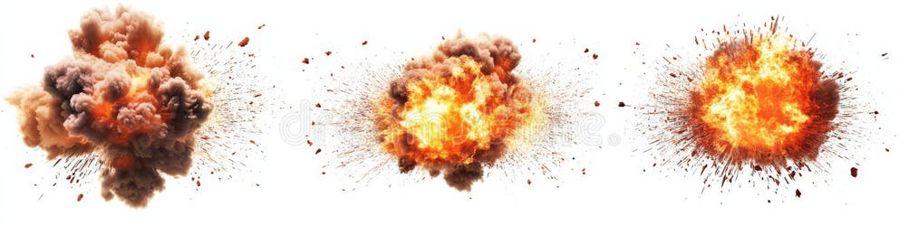 Triple Explosion Smoke and Fire Isolated on White Background,explosion ...