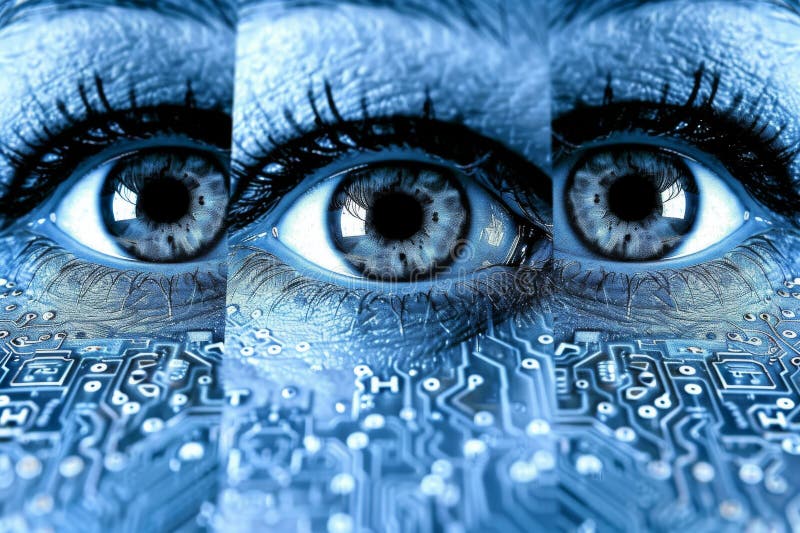 Triple Exposure of an Eye with Circuit Board Elements, Blending Human ...