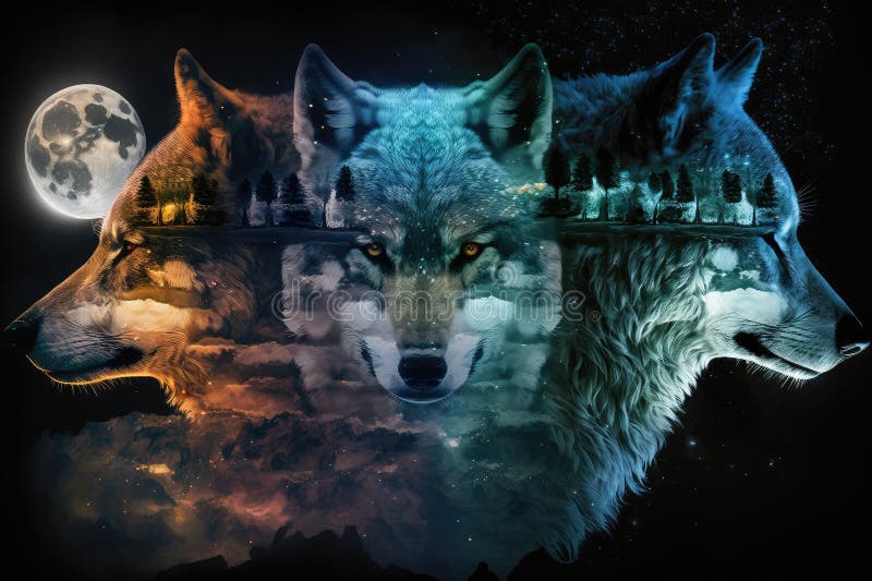 Triple Exposure of Wolf, Night Sky, and Full Moon Stock Illustration ...