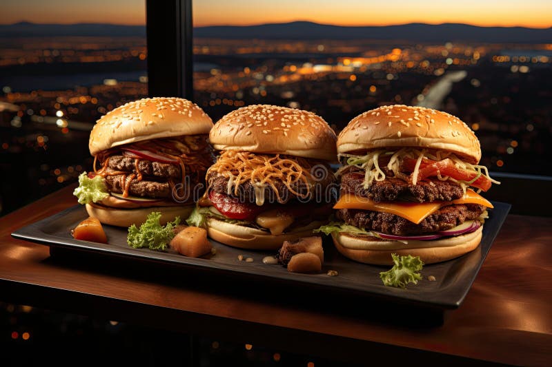 A Triple Hamburger in a Coffee with Panoramic Terrace Overlooking the ...