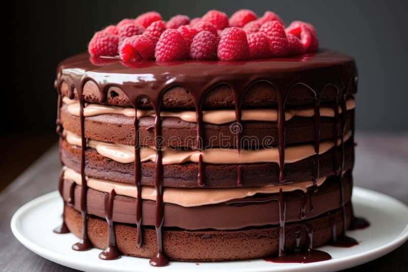 Triple Layer Chocolate Cake with Raspberries on Top Stock Image - Image ...