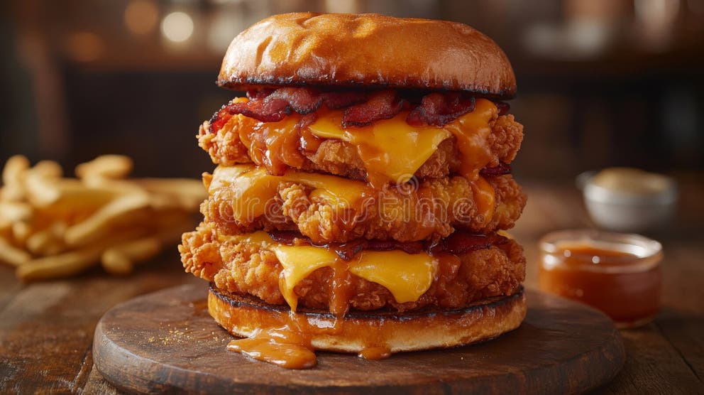 Triple Layer Crispy Chicken Burger with Bacon and Cheese Stock ...