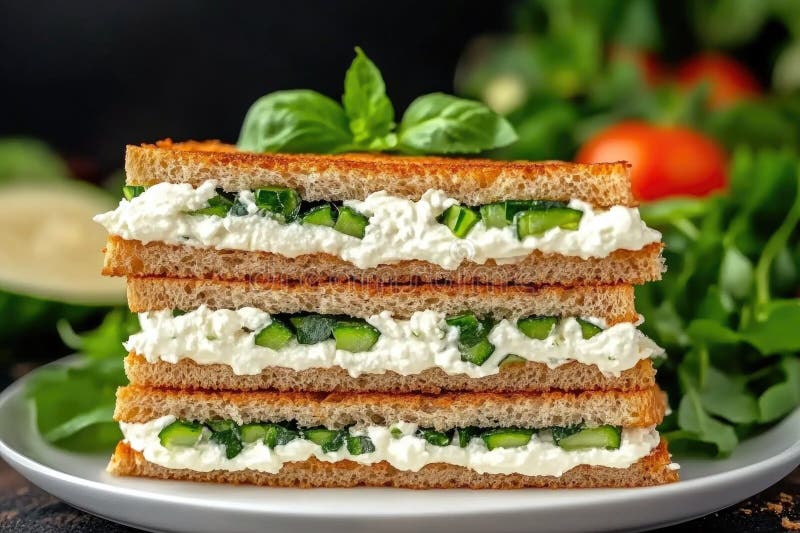 Triple Layer Cucumber and Cream Cheese Sandwich on Whole Wheat Bread ...