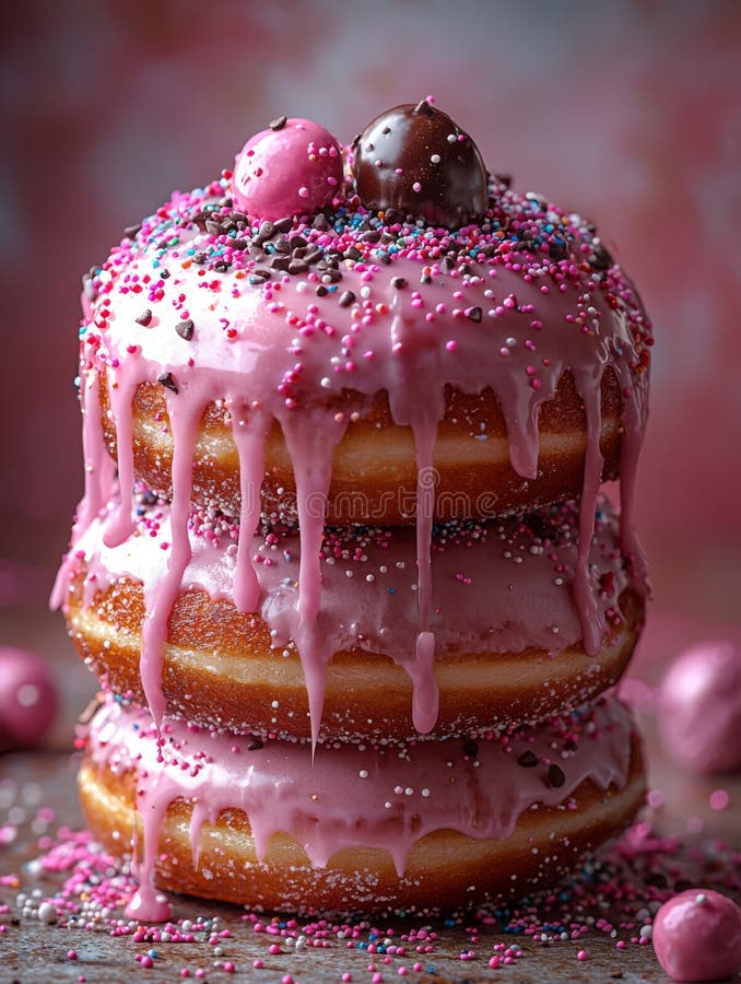 Triple Layer Donut Stack with Pink Icing and Sprinkles Delight Stock ...