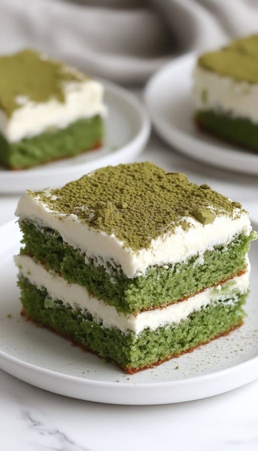 Triple-Layer Matcha Cake Slice with Whipped Green Tea Frosting and ...
