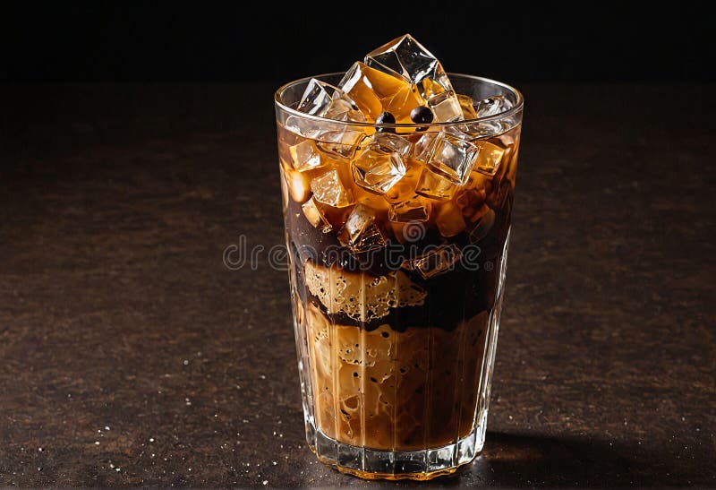 Triple Layered Beverage with Ice Cubes and Coffee Base on Dark Surface ...