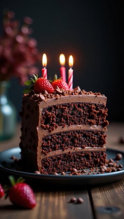 Triple Layered Chocolate Cake with Lit Candles, Cake Layers, Rich ...