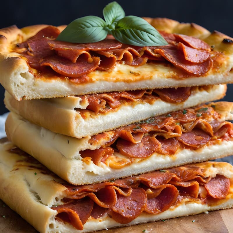 Triple-Layered Pepperoni Pizza with Basil Garnish and Thick Crust Stock ...