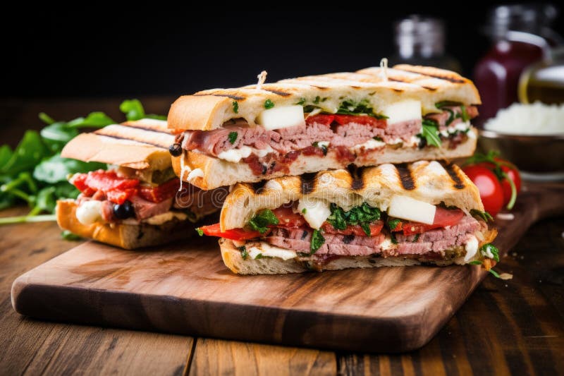 Triple Meat Club Panini on Rustic Board Stock Image - Image of food ...