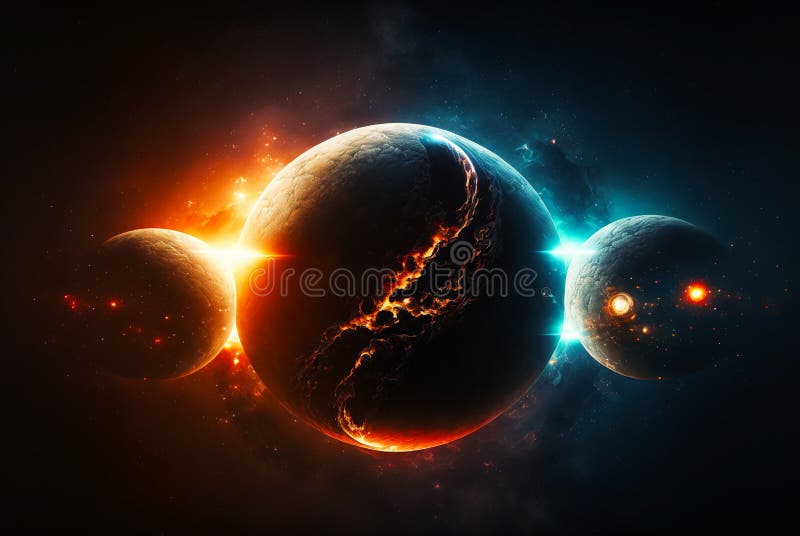 Triple Planet System. Strange Distant Space Worlds. Futuristic Universe ...