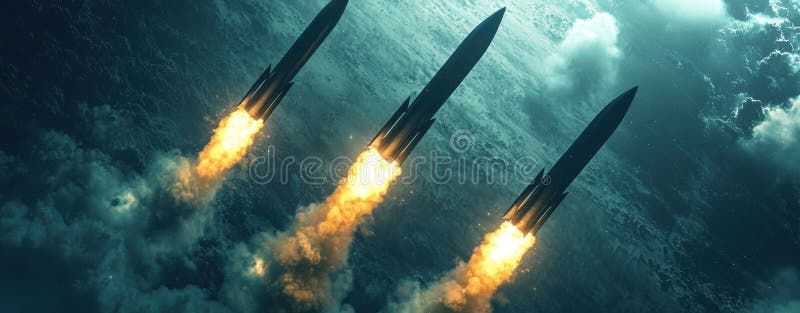 Triple Rocket Launch into the Night Sky Stock Illustration ...