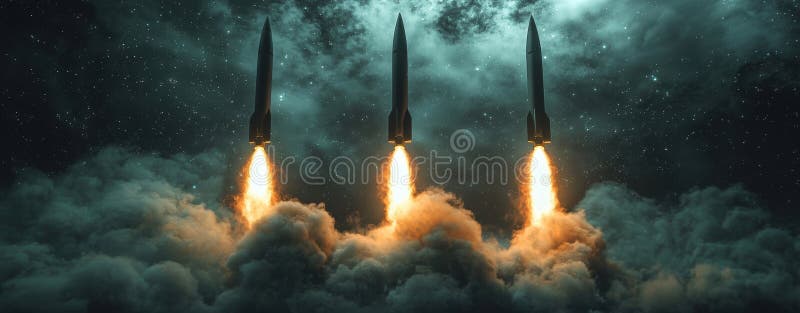 Triple Rocket Launch into the Night Sky Stock Illustration ...