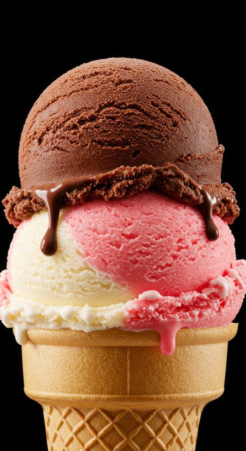 Triple Scoop Ice Cream Cone with Chocolate and Strawberry Stock ...