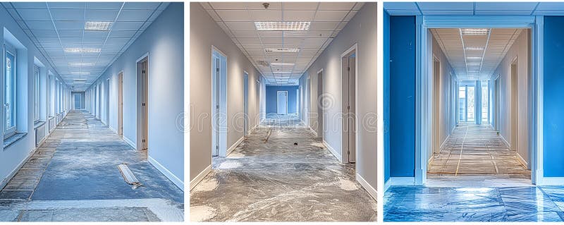 Triple Set of Empty Blue-toned Office Corridors Stock Photo - Image of ...
