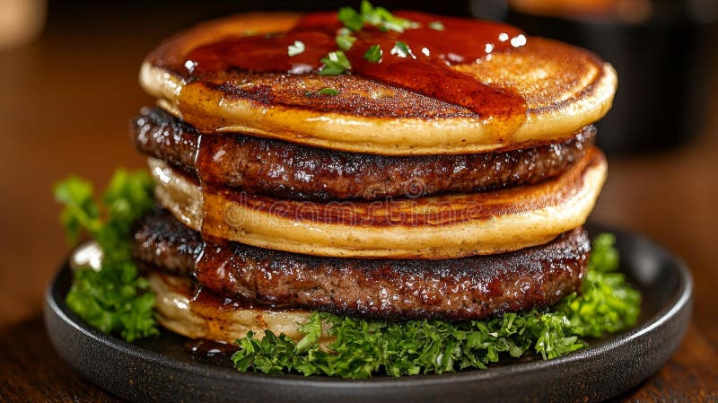 Triple Stack Pancake Burger with Savory Beef Patties and Sauce Stock ...