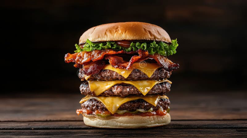 Triple Stacked Cheeseburger with Crispy Bacon, Lettuce, and Tomato on ...
