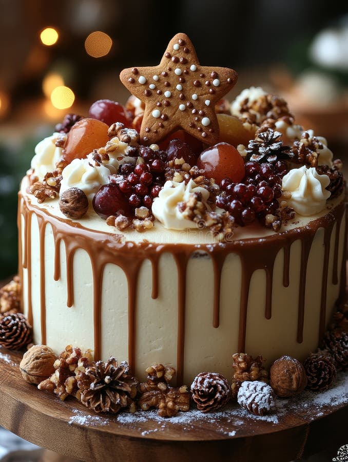 Triple-Tiered Holiday Cake with Edible Decorations and String Lights on ...