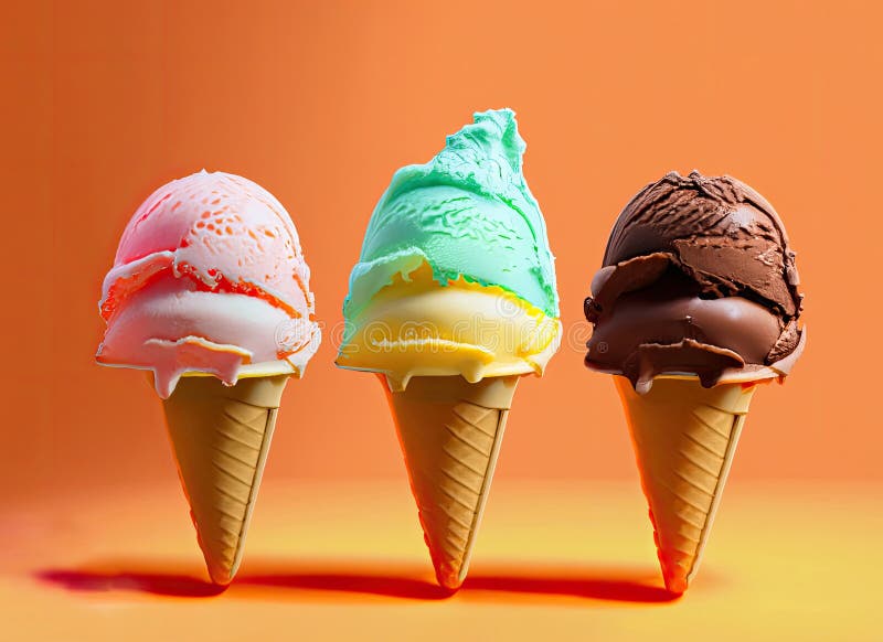Triple Treat Three Ice Creams on an Orange Background Stock ...