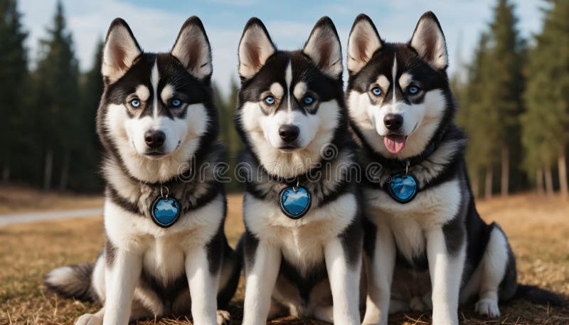 Triplet Husky Dogs Sits Together in the Park and Looking at the Camera ...
