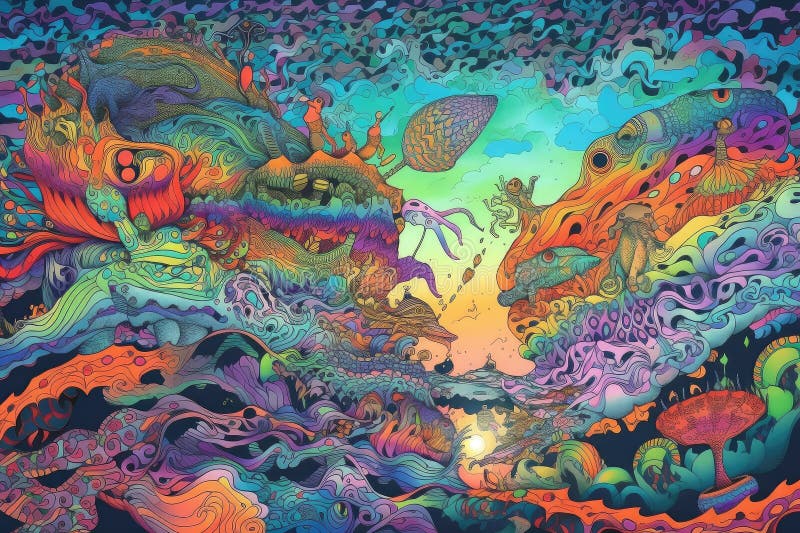 Trippy Creatures, Flying in the Psychedelic Sky Stock Illustration ...