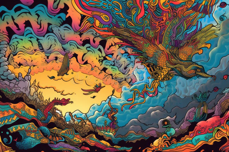 Trippy Creatures, Flying in the Psychedelic Sky Stock Illustration ...