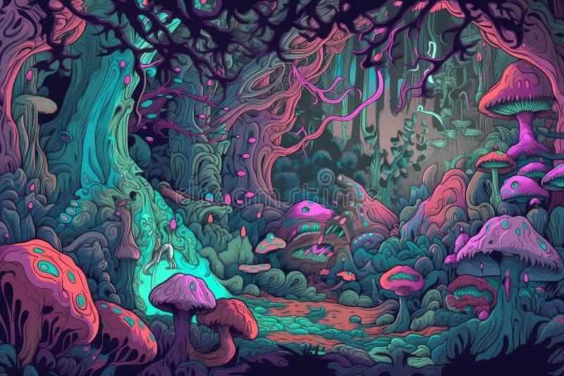 Trippy Forest with Strange and Psychedelic Creatures Stock Illustration ...