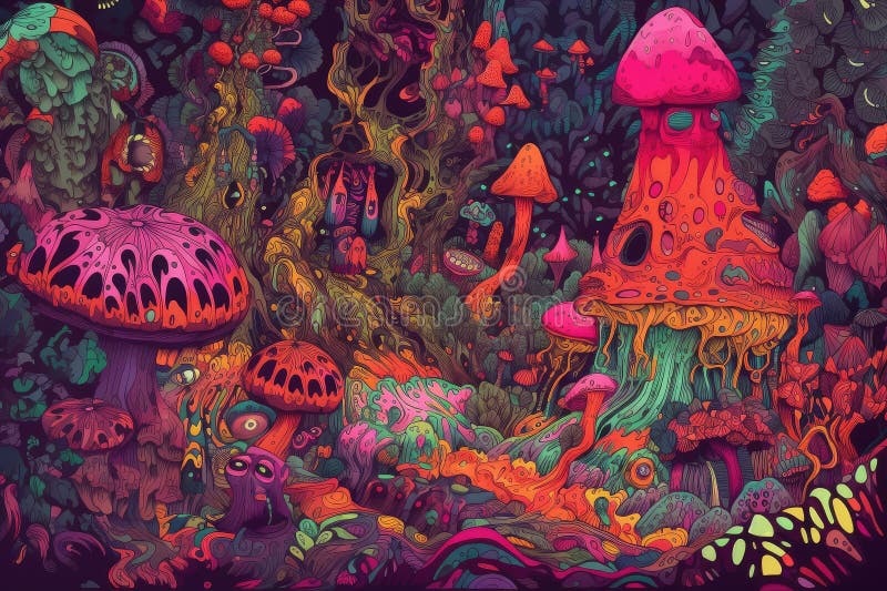 Trippy Forest with Strange and Psychedelic Creatures Stock Illustration ...