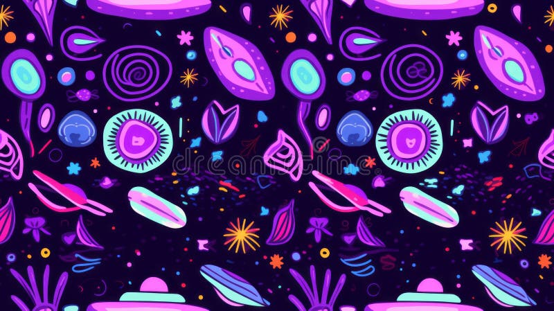 Trippy Seamless Pattern with Alien and Flower. Crazy Heart Abstract. Doodle Vector Seamless ...