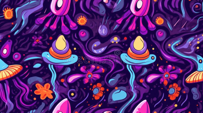 Trippy Seamless Pattern with Alien and Flower. Crazy Heart Abstract ...