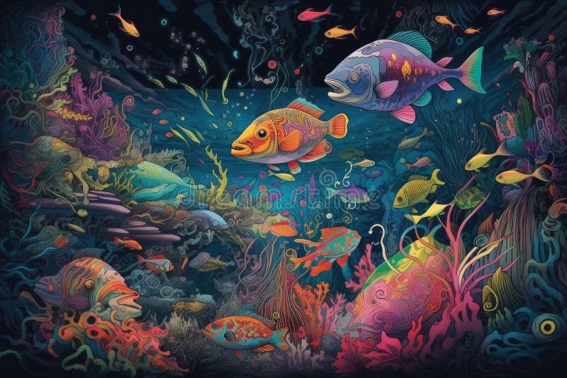 Trippy and Surreal Underwater World with Trippy Fish, Plants, and ...