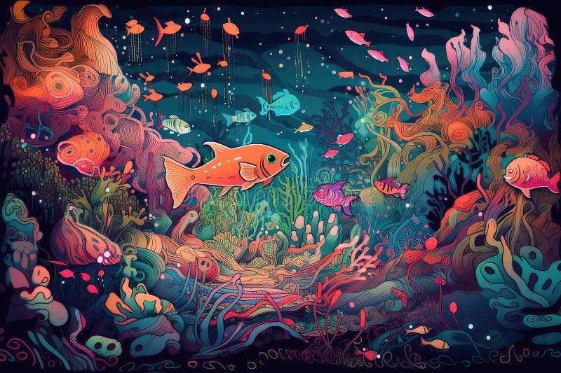 Trippy and Surreal Underwater World with Trippy Fish, Plants, and ...