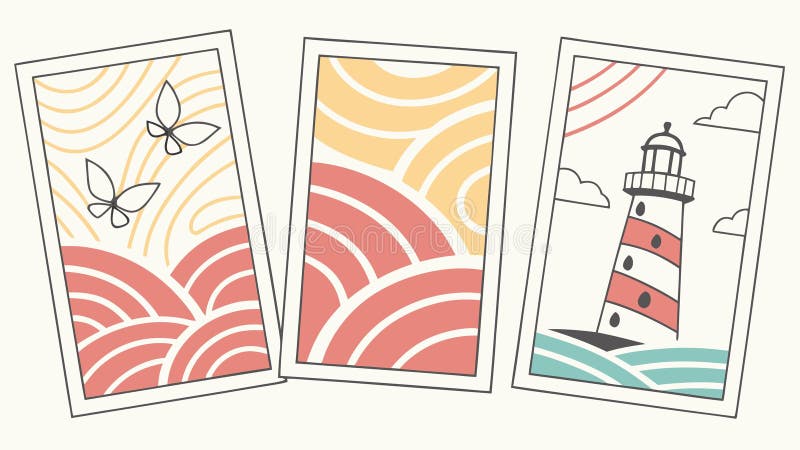 A Triptych of Abstract Art Cards with a Lighthouse Motif. Vector Design ...