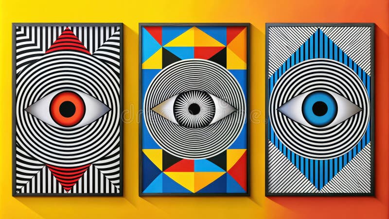 Triptych of Abstract Eyes with Geometric Patterns and Hypnotic Optical Illusions. Generative AI ...