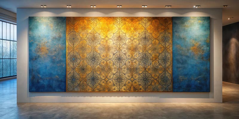 Triptych of Abstract Gold and Blue Wall Art in Modern Gallery Setting ...