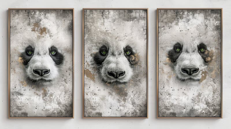 A Triptych of Abstract Panda Portraits in Grayscale, Blending Realism ...