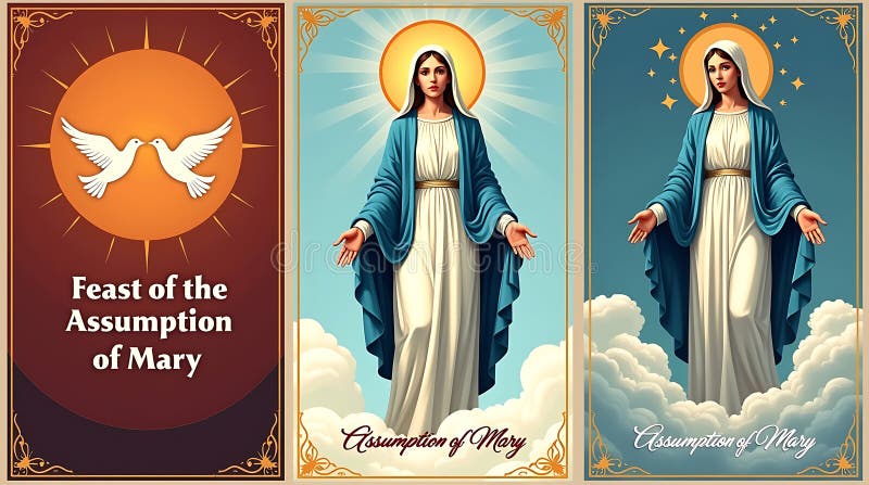 Triptych Religious Illustration of Virgin Mary with Doves and Sun Stock ...