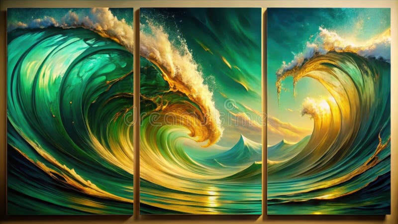 Triptych of Majestic Ocean Waves in Emerald and Gold Hues. Generative ...