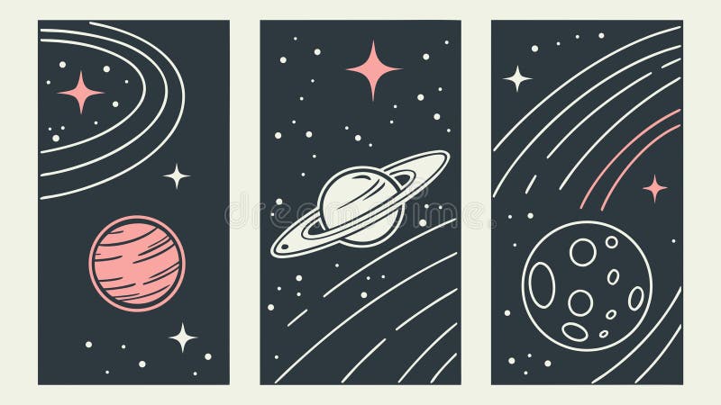 Triptych of Outer Space Scenes with Planets and Spaceships. Vector ...