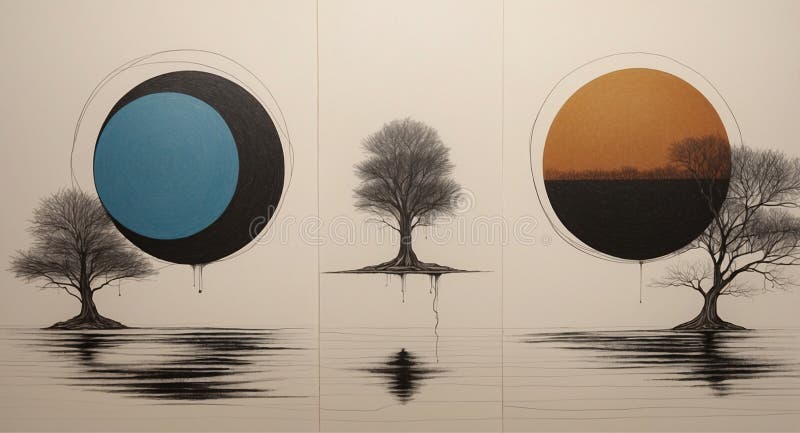Triptych of Surrealistic Drawings, Each Panel Featuring a Bare Tree in ...