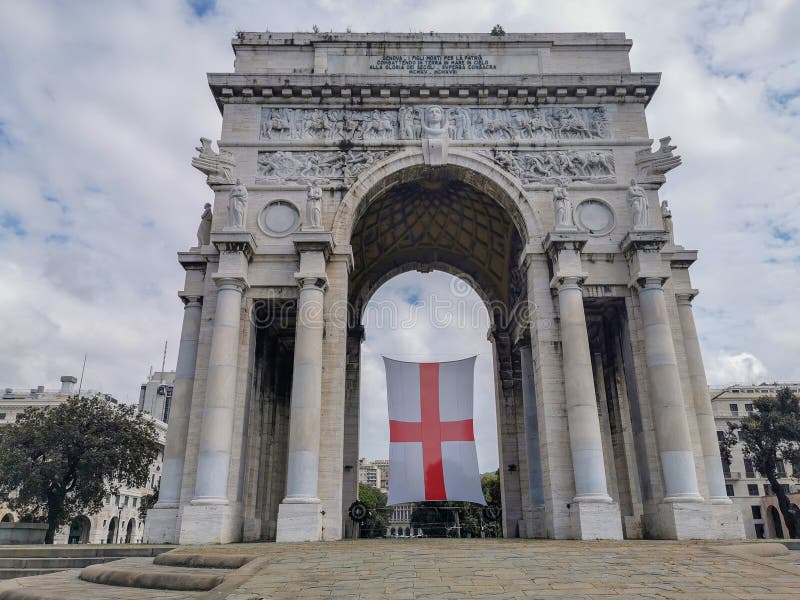 Triumph Arc in Genoa with Flag Red Cross in White Stock Image - Image ...