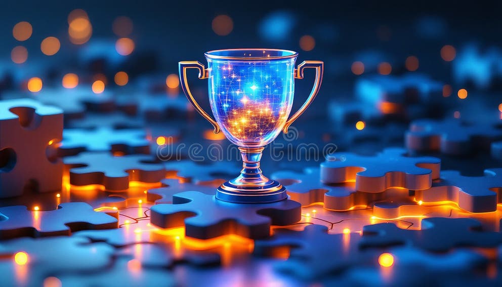 Triumphant Achievement: a Glowing Trophy on a Puzzle Background Stock ...
