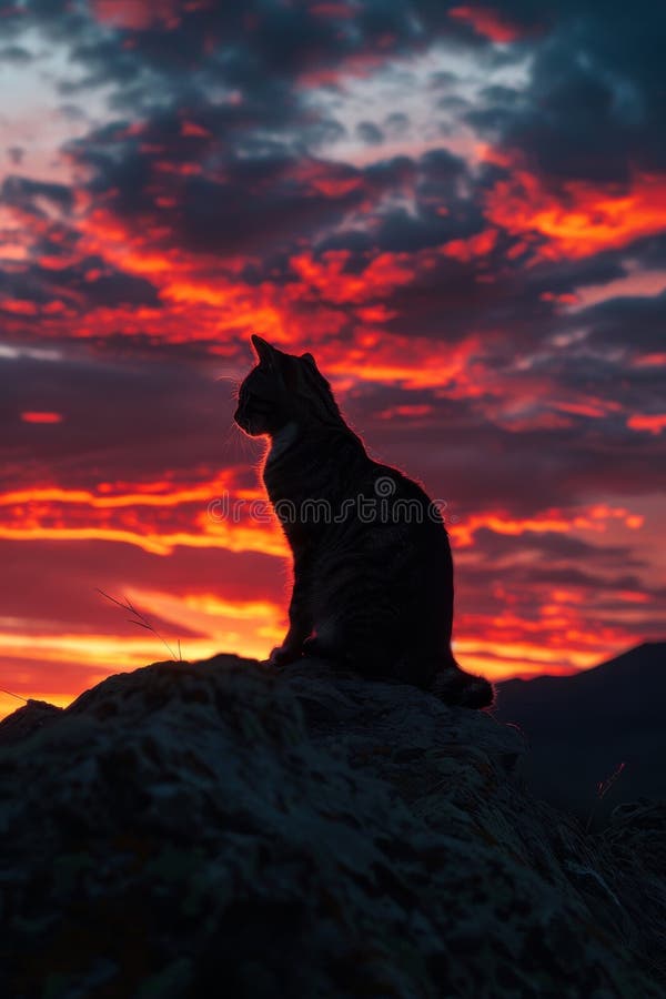 Triumphant Cat Silhouette before a Vibrant Dawn Sky on Mountains Edge ...