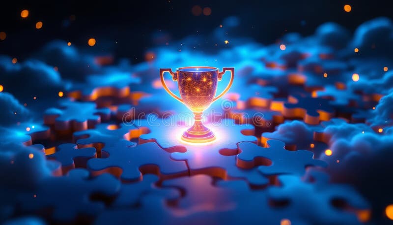 Triumphant Puzzle: a Glowing Trophy on a Jigsaw of Success Stock ...
