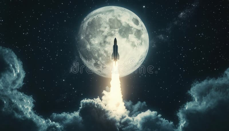 Triumphant Rocket Launch Against Full Moon with Craters and Stars ...