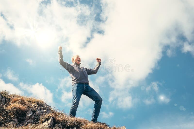 Triumphed Man on the Top of Mountain Peak Stock Image - Image of ...