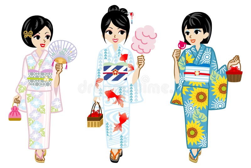 Trois Yukata Girls illustration de vecteur. Illustration du sucrerie ...
